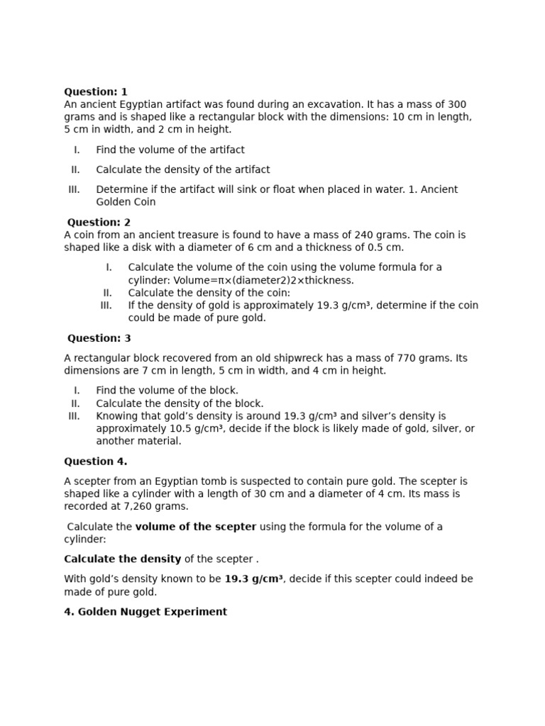 Density Word Problems | PDF | Volume | Density