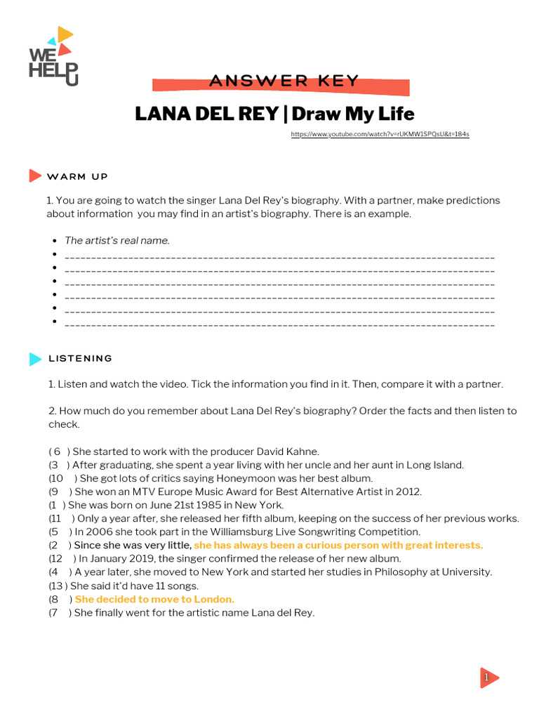 Lana Del Rey Draw My Life - Intermediate - Answer Key | PDF | Pop Songs ...