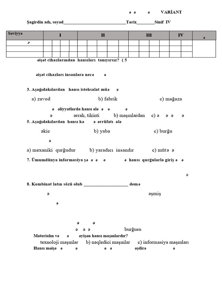 4 Sinif Texnologiya Yekun KSQ-BSQ 2023 Mütəlli̇m Behbudov | PDF