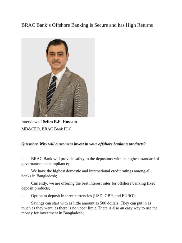 BRAC Bank MD&CEO Interview on OBU Business | PDF | Banks | Regulatory ...