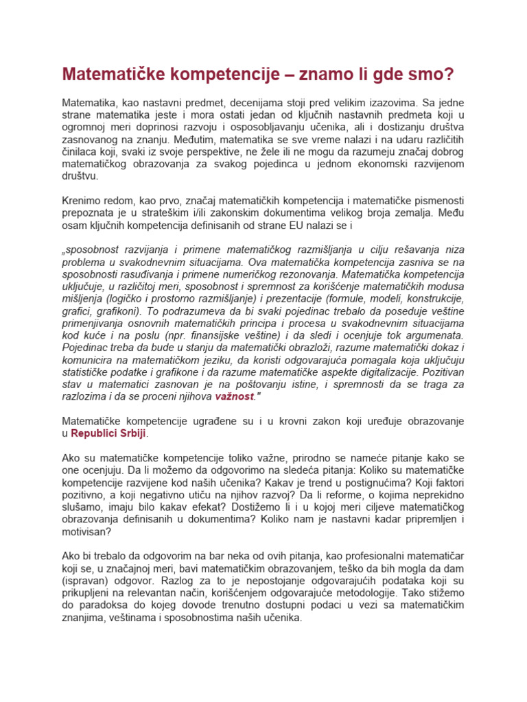 Matematičke Kompetencije - Znamo Li Gde Smo | PDF
