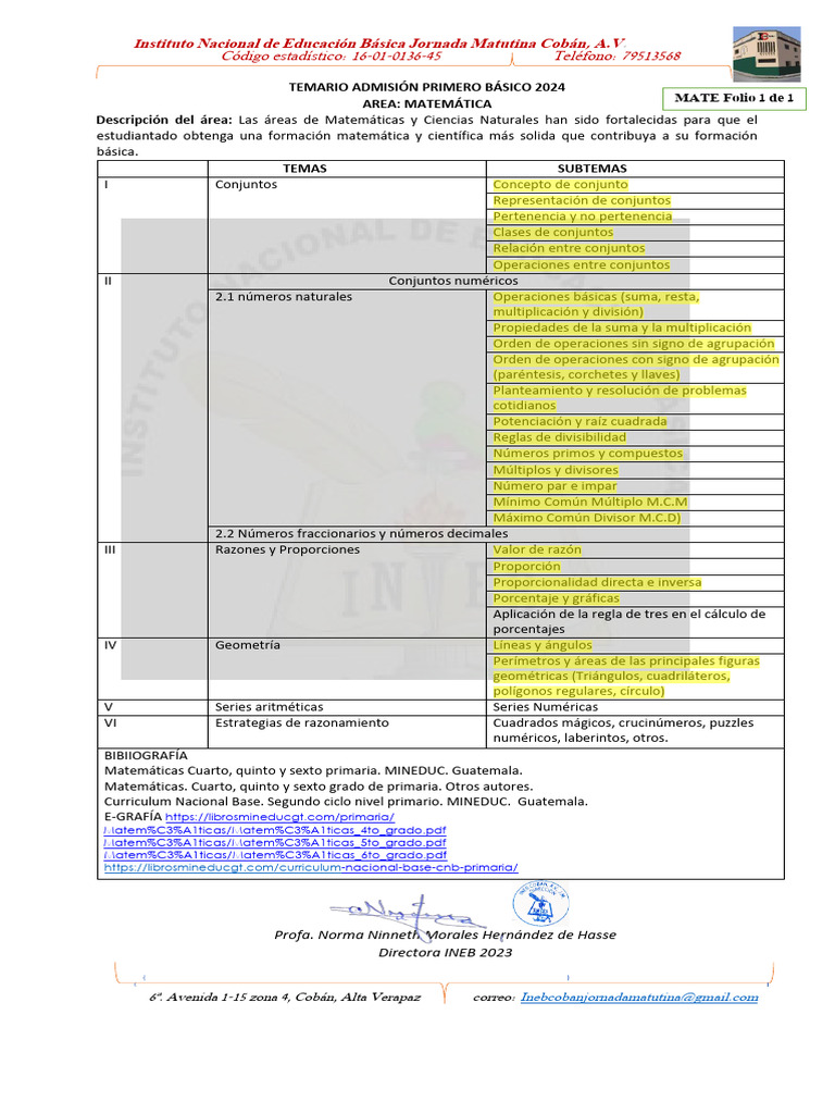 Temario INEB Ingreso A Primero Básico 2024-1 | PDF | Comunicación | Multiplicación
