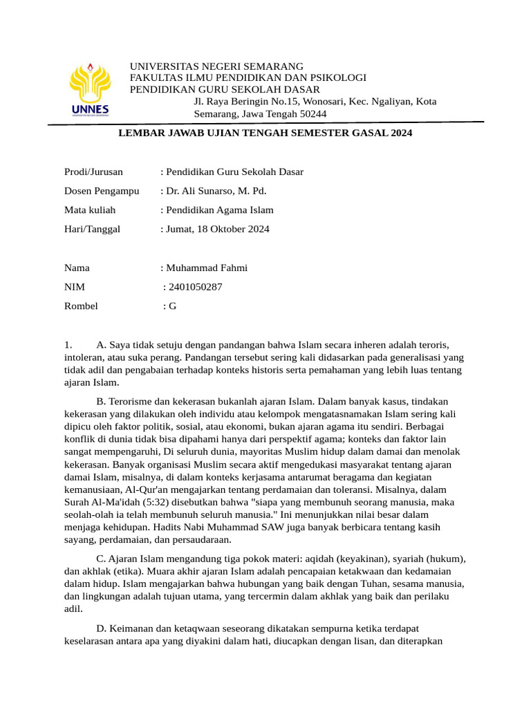 LEMBAR JAWAB UTS PAI Muhammad Fahmi (2401050287) | PDF