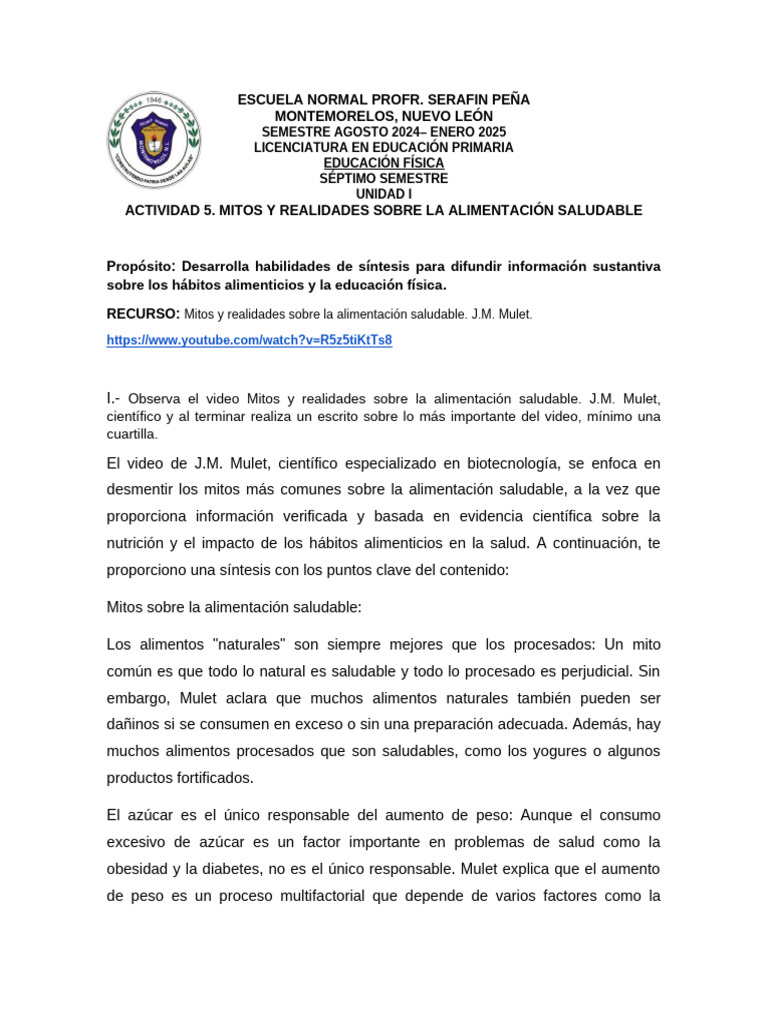 ACTIVIDAD 5. Mitos y Realidades de La Alimentación Saludable | PDF ...