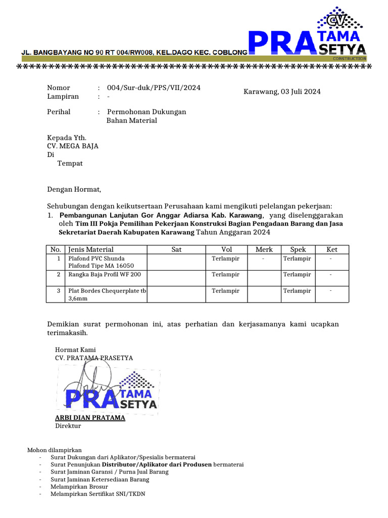 Permohonan Dukungan Material | PDF