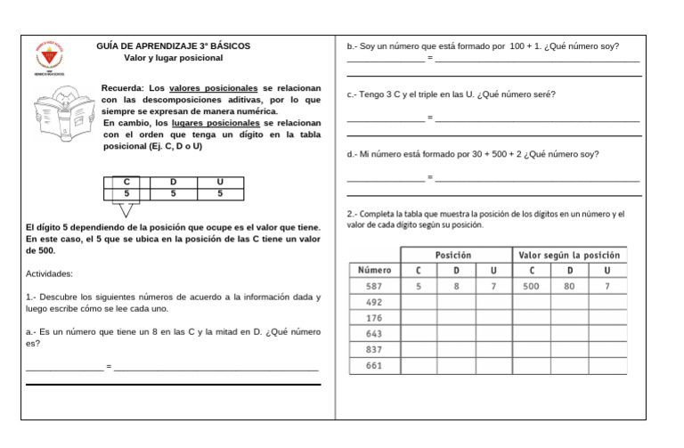 GUÍA DE APRENDIZAJE Lugar y Valor Posicional | PDF