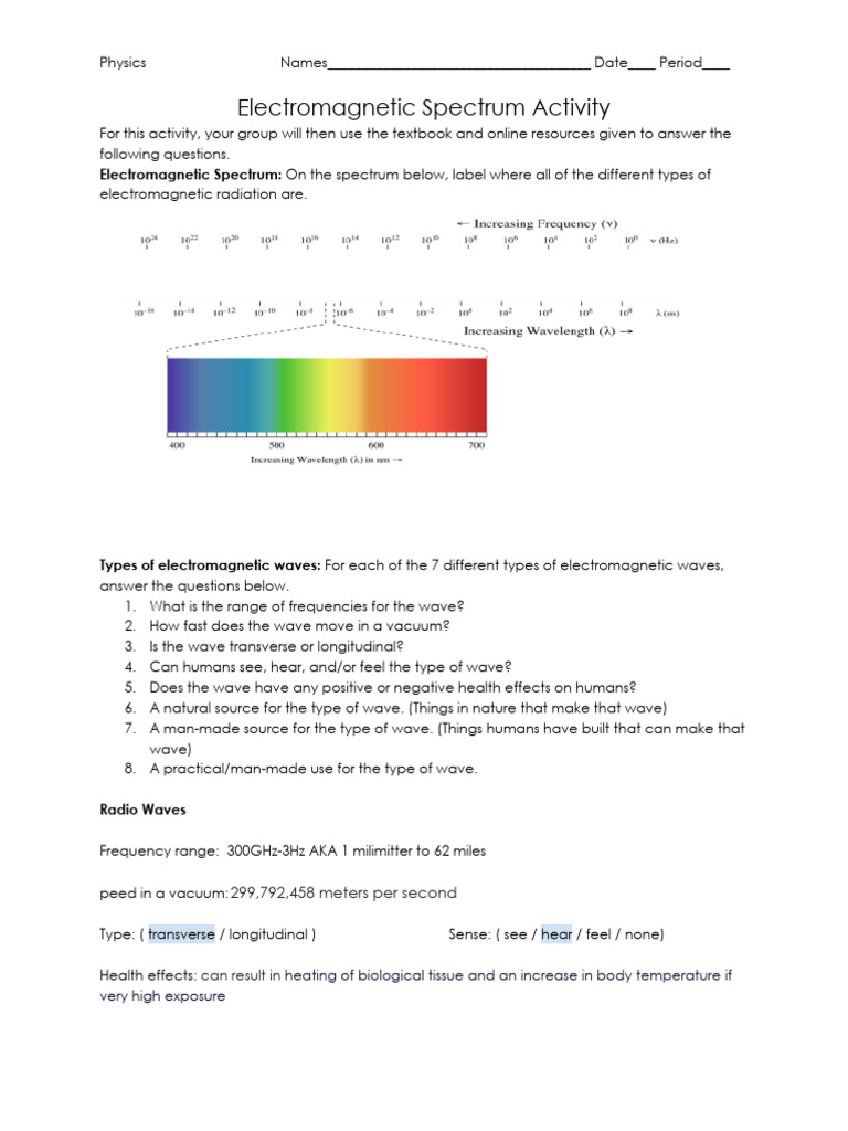 Copy of Electromagnetic Spectrum Activity (1) | PDF | Frequency | Radiation