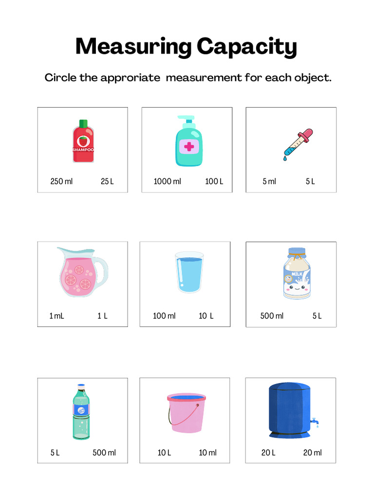 Colourful Measuring Capacity Math Worksheet | PDF