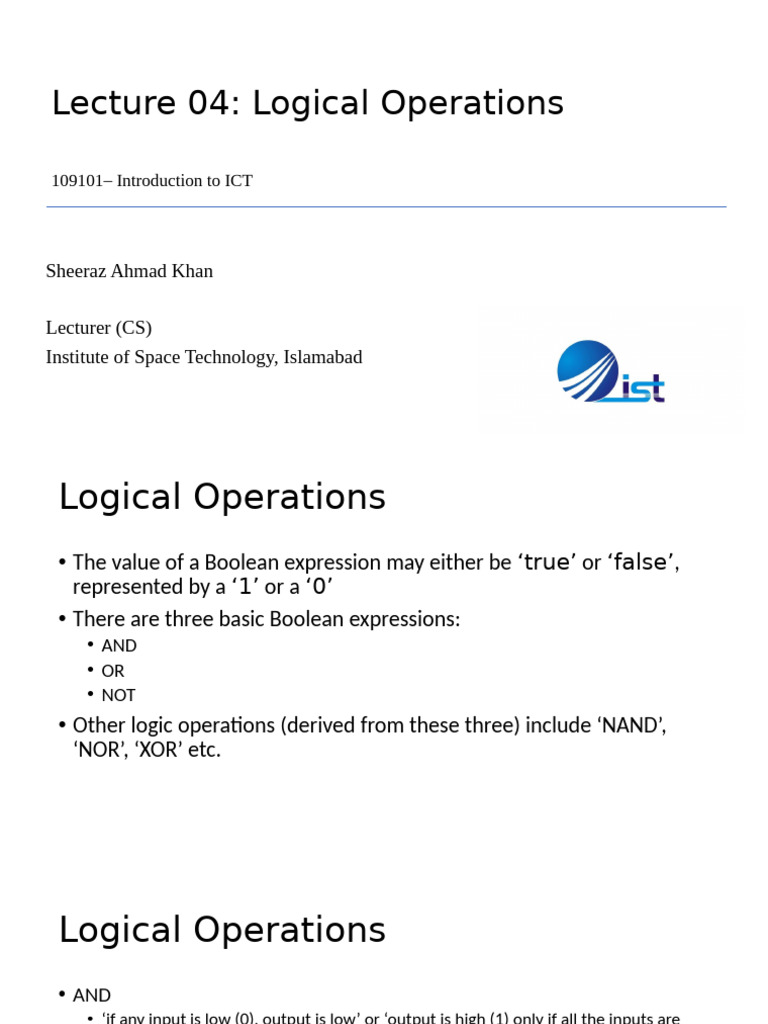 Lecture 04 - Logical Operations | PDF | Digital Electronics | Mathematical Logic