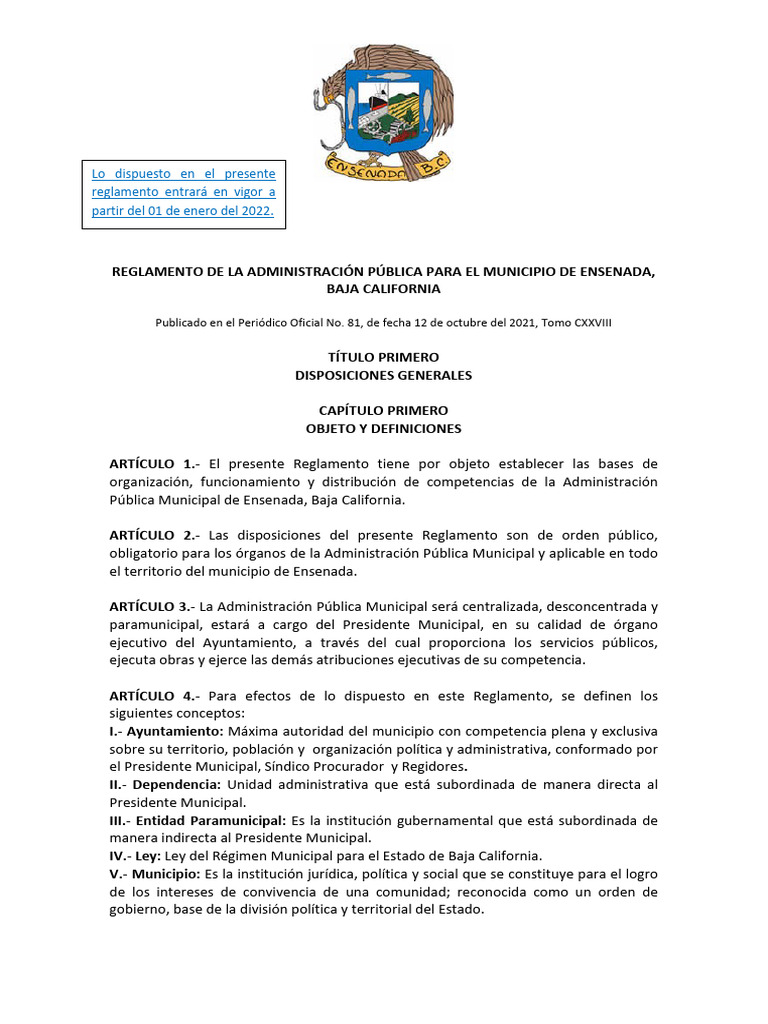 Reglamento de La Administracion Publica para El Municipio de Ensenada Baja California 2022 | PDF ...