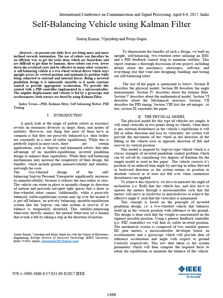 Self Balancing Vehicle Using Kalman Filter Pdf Kalman Filter Accelerometer