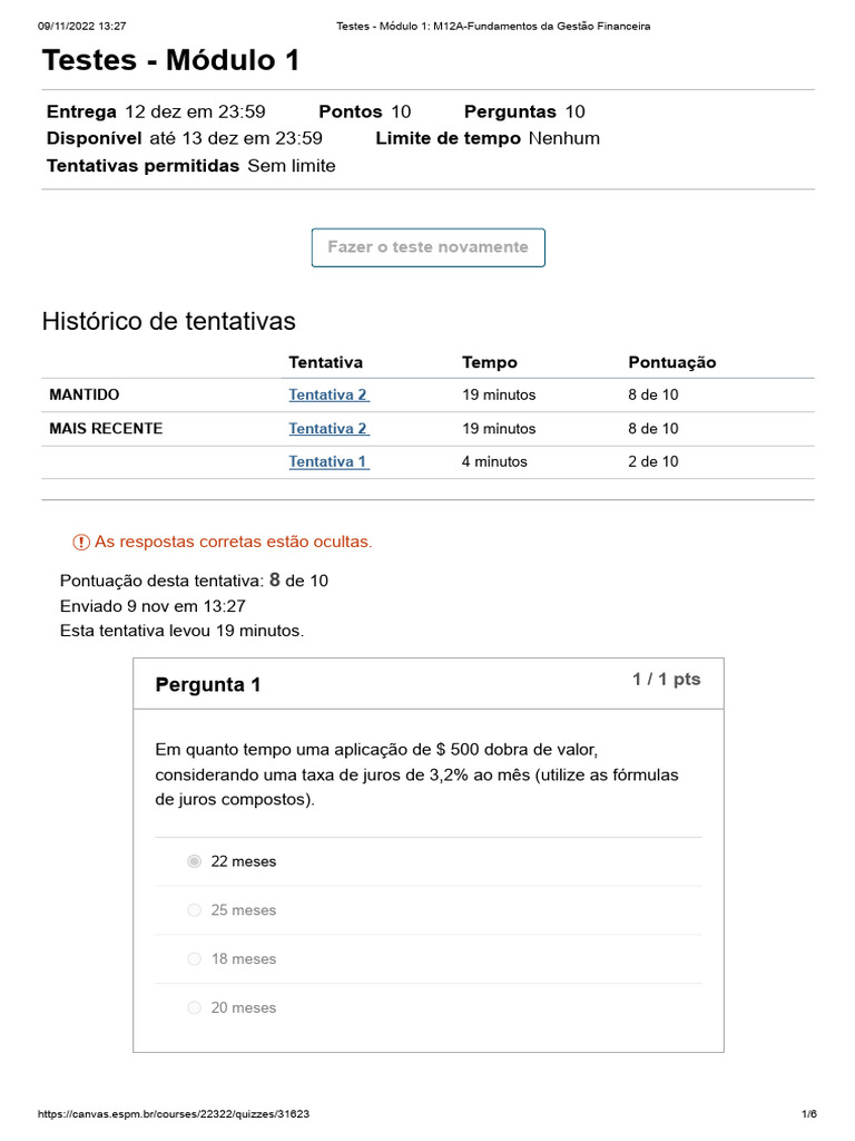 Testes - Módulo 1_ M12A-Fundamentos da Gestão Financeira | PDF | Juros ...
