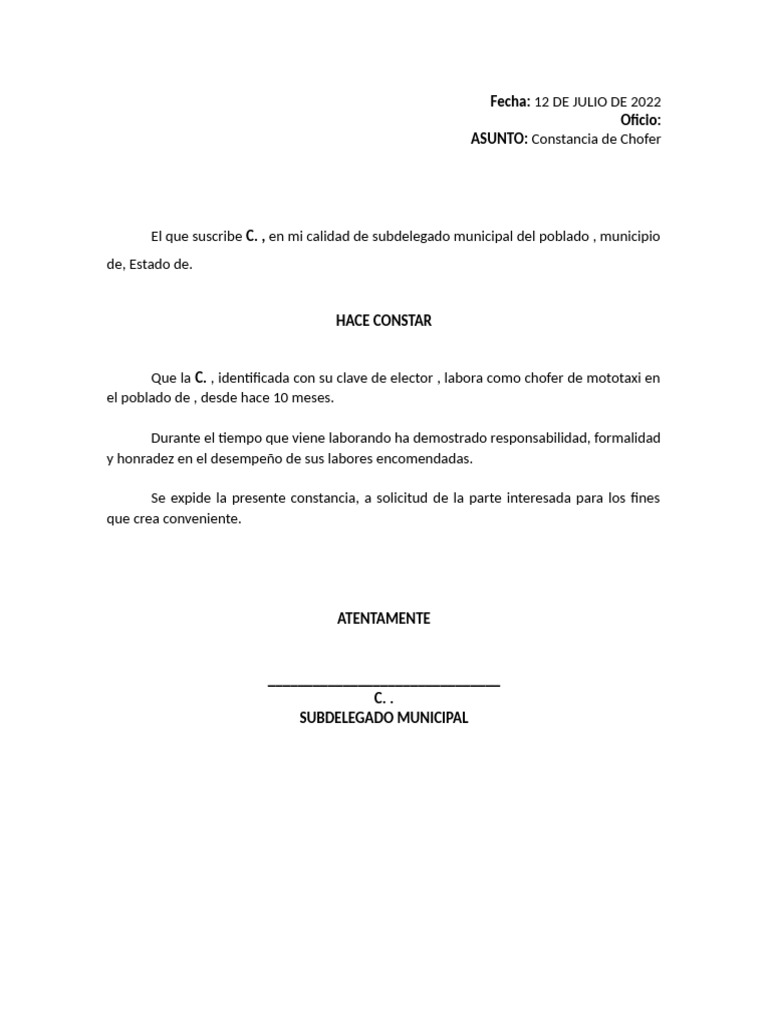 Constancia De Trabajo De Chofer Pdf
