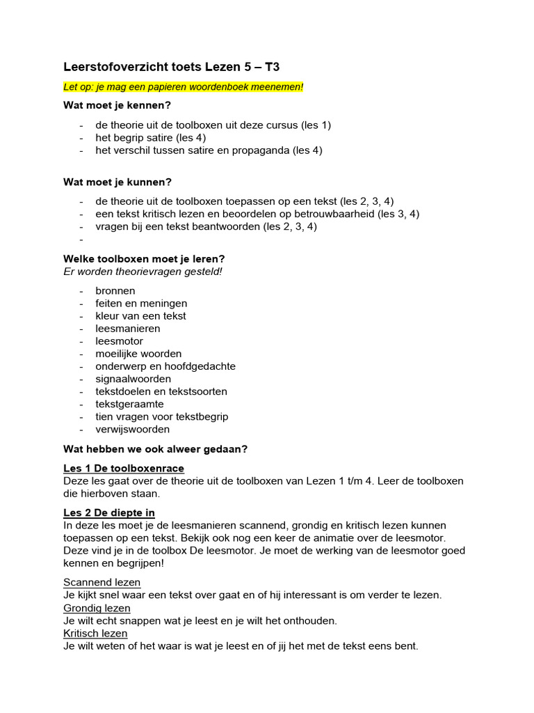 T3 - 2425 - Toets Lezen 5 Leerstofoverzicht | PDF