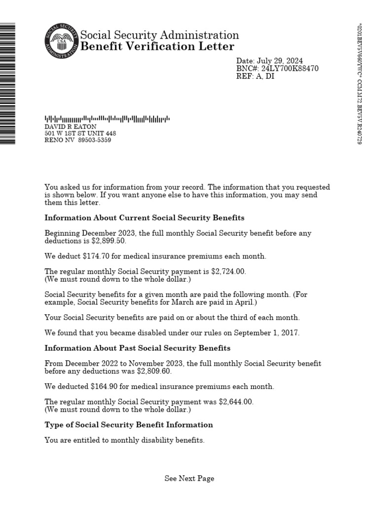 Benefit Verification Letter | PDF | Social Security (United States ...