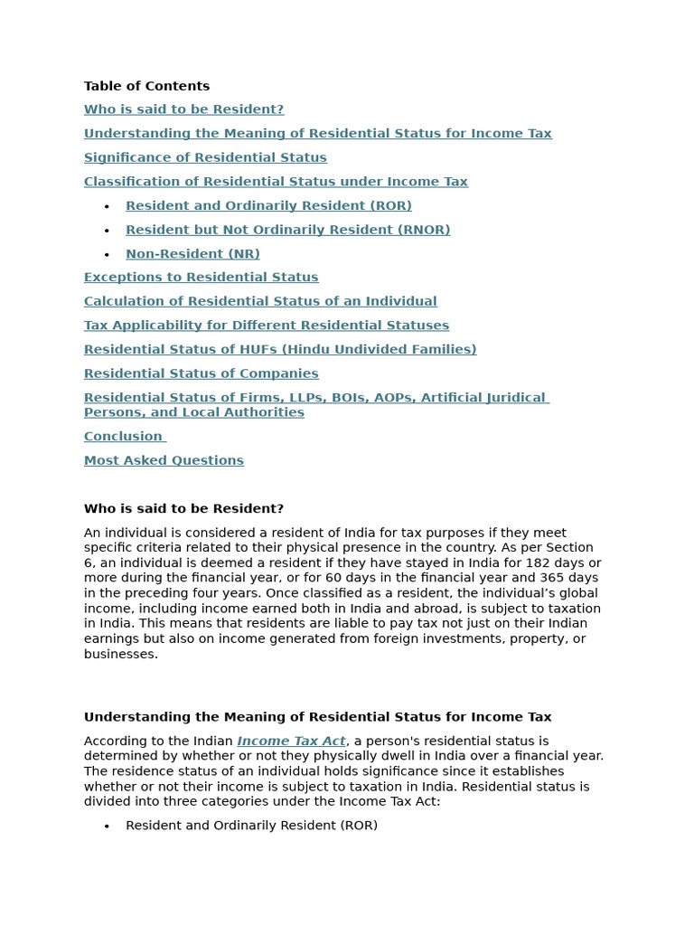 Taxation-Residential Status | PDF | Taxes | Tax Treaty