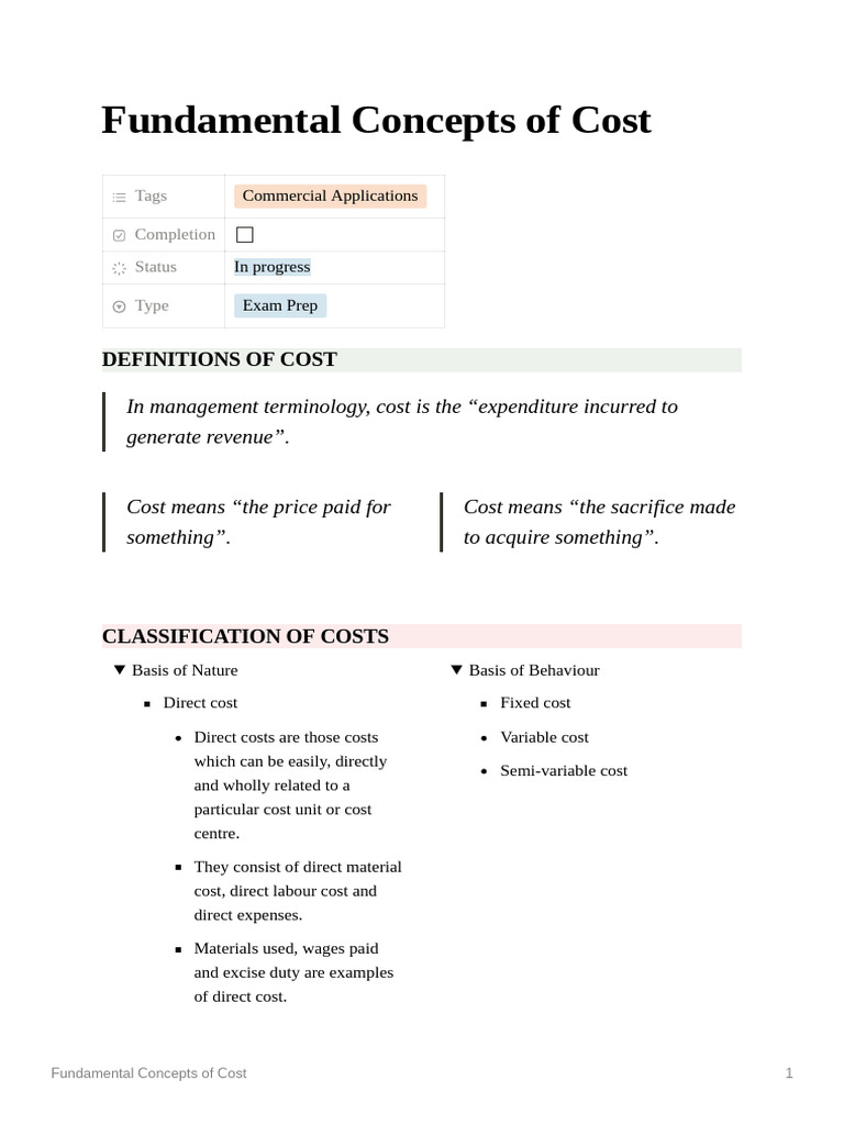 Fundamental Concepts of Cost | PDF