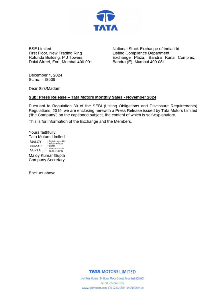Sub: Press Release - Tata Motors Monthly Sales - November 2024 | PDF ...