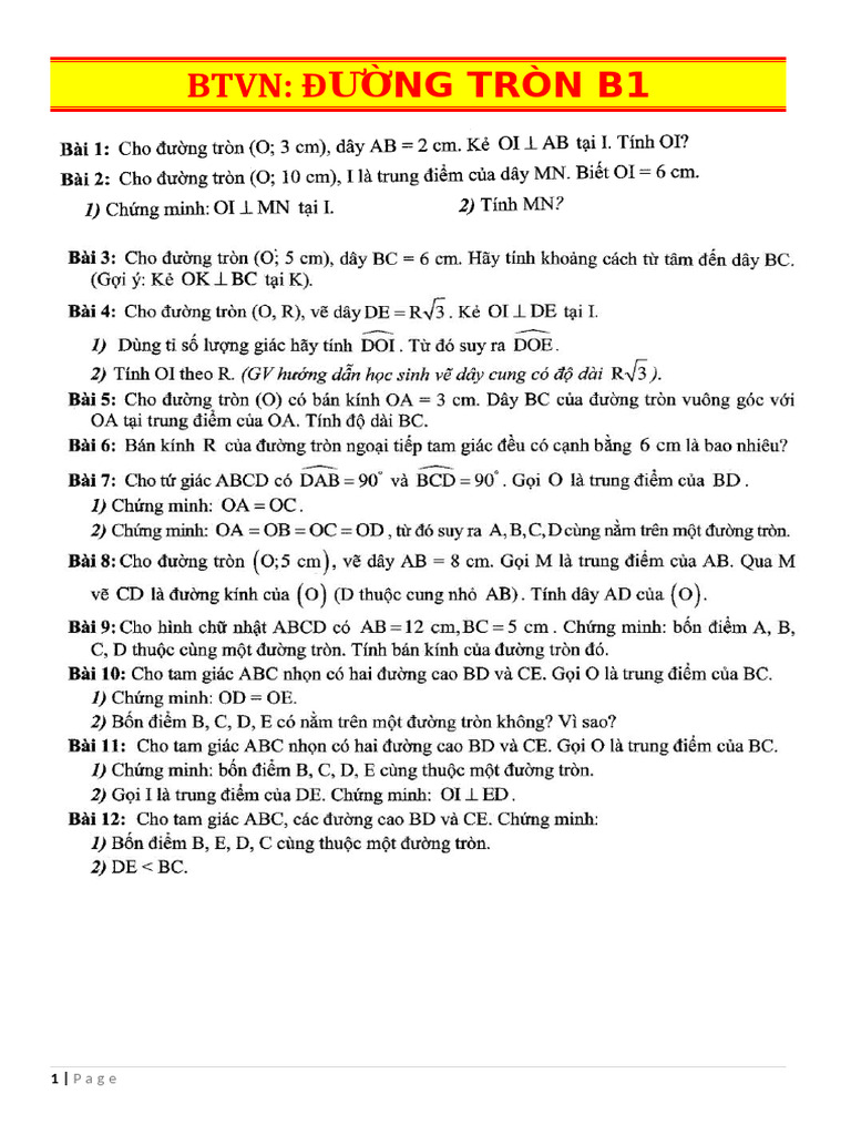 BTVN-ĐƯỜNG TRÒN B1-ĐỀ BÀI-TRÍCH SÁCH BTVN 1 | PDF