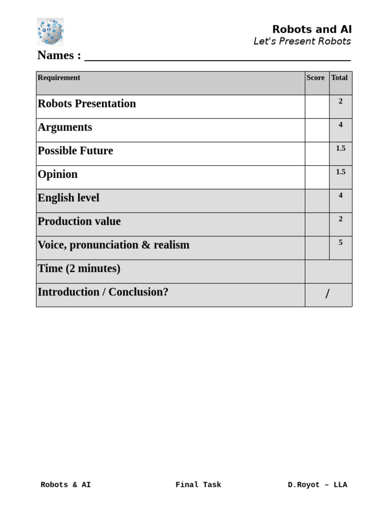 Robots Grading Sheet (1) | PDF