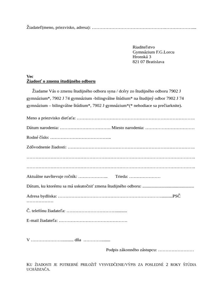 56 Tlacivo Ziadost Zmena Studijneho Odboru VZOR 2 | PDF