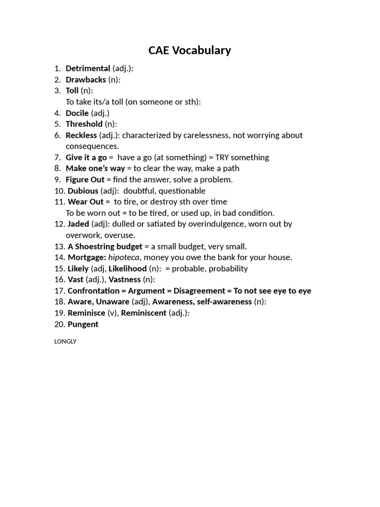 CAE Vocabulary List & Definitions | PDF