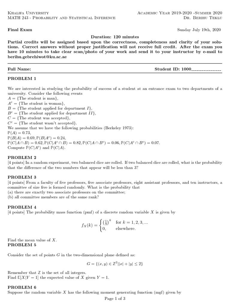 Math 243-Final Exam (Summer-2020) | PDF | Probability Density Function | Mathematics