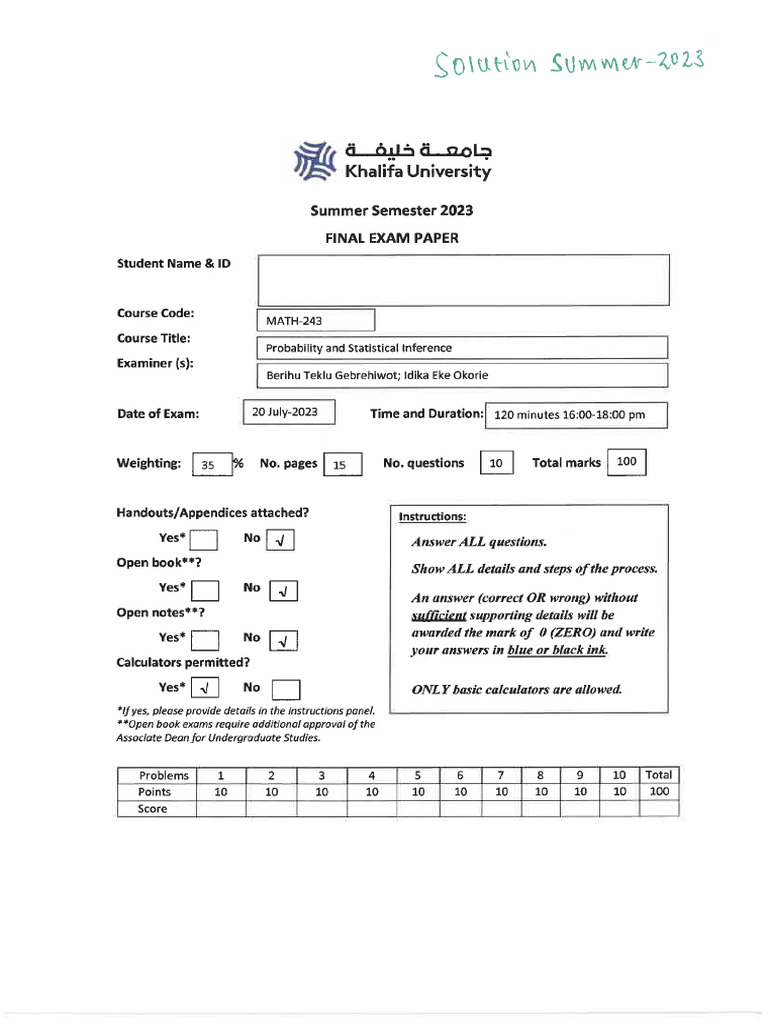 Solution Final Exam Math243 Summer 2023 | PDF