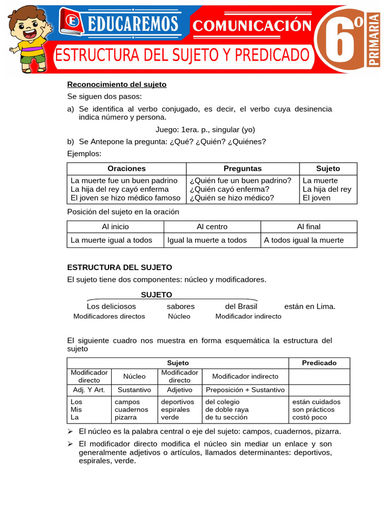 Estructura Del Sujeto y Predicado para Sexto Grado de Primaria | PDF ...