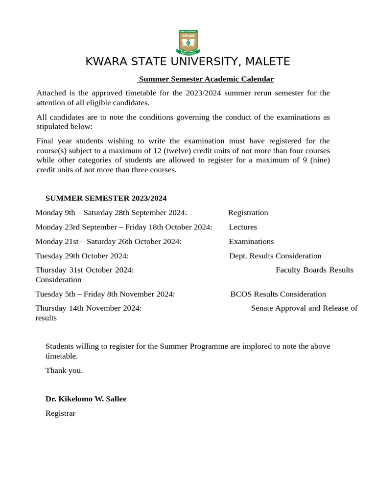 KWASU Summer Semester Academic Calendar 100924 | PDF
