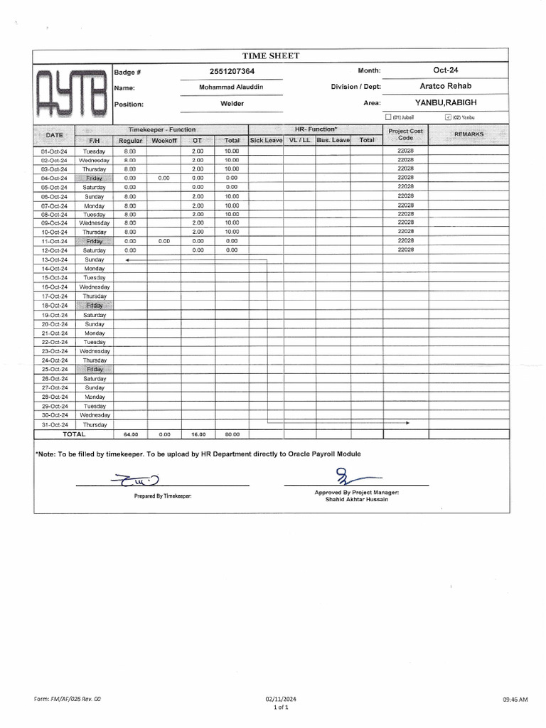 Aytb Rabigh Timesheets October-2024 | PDF