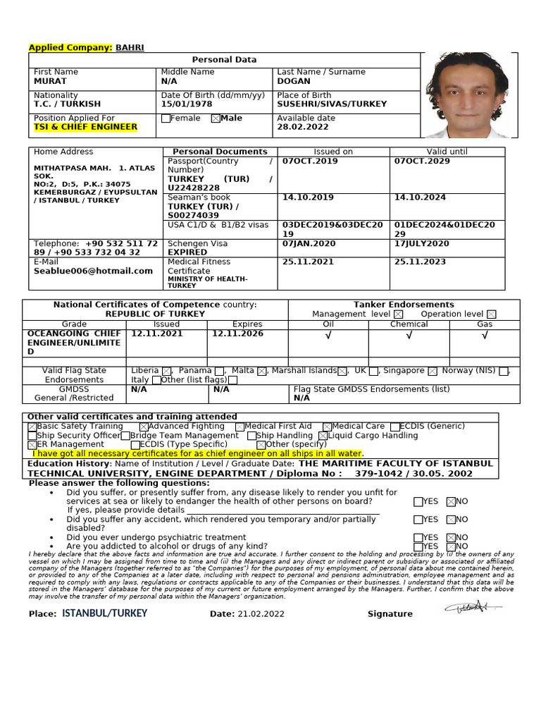 C.V. Application Form - Tsi - Chief Eng. - Murat Dogan 21.02.2022 | PDF | Oil Tanker | Ships