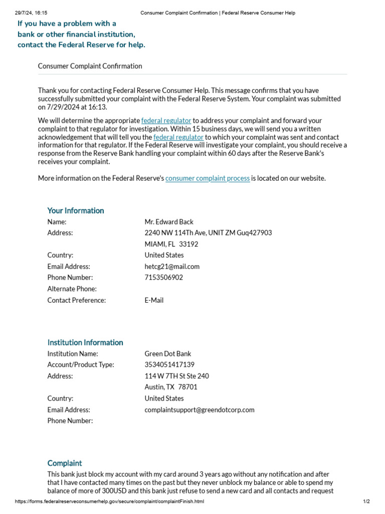 Consumer Complaint Confirmation - Federal Reserve Consumer Help | PDF