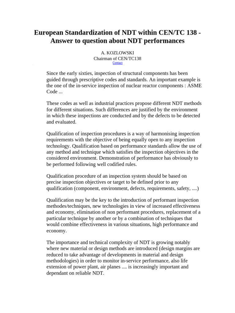 European Standardization of NDT Within CEN-TC 138 - Answer To Question About NDT Performances ...