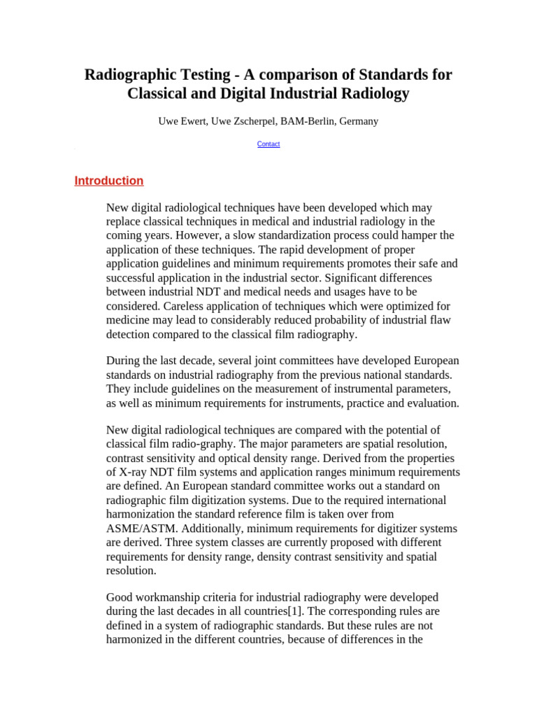 Radiographic Testing - A comparison of Standards for Classical and ...