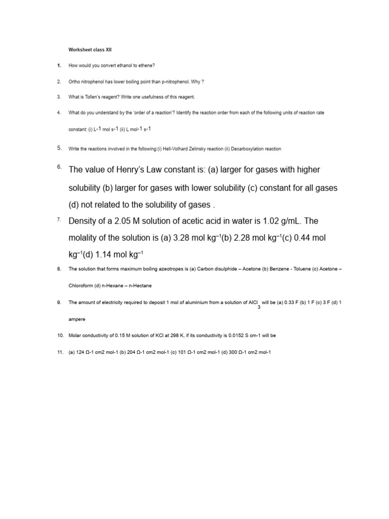 Worksheet Class 12 | PDF