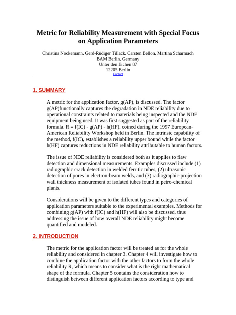 Metric For Reliability Measurement With Special Focus On Application Parameters | PDF ...