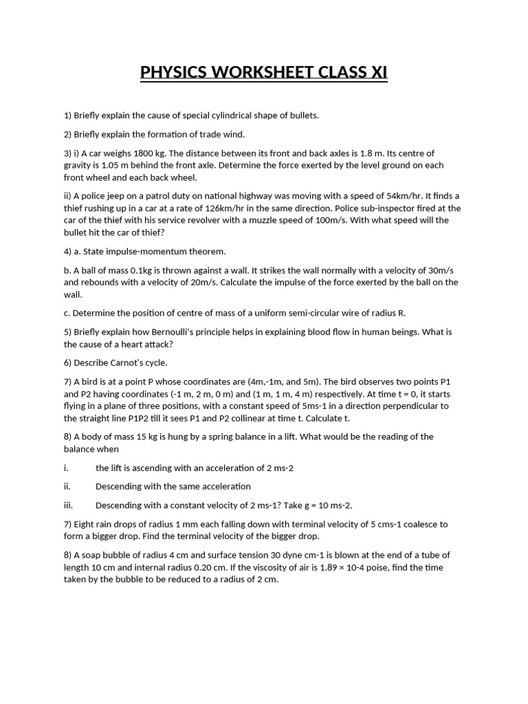 Physcis Worksheet Class Xi | PDF