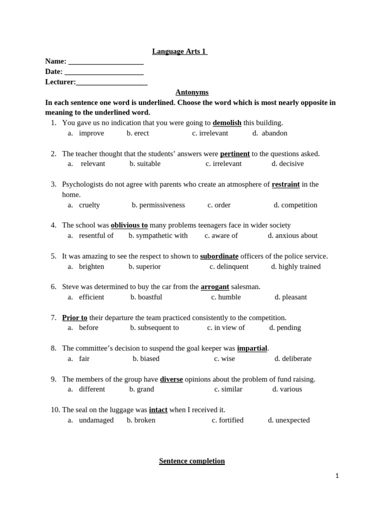 Antonyms, Synonyms, and Grammar Test | PDF