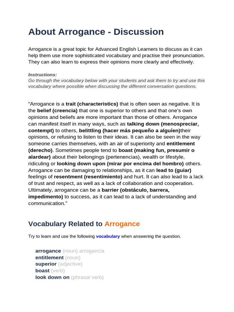 C1 Advanced Topic Discussion - Arrogance 22 - 11 | PDF