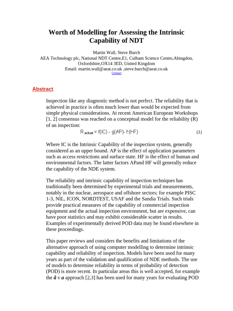 Worth of Modelling For Assessing The Intrinsic Capability of NDT | PDF | Reliability Engineering ...