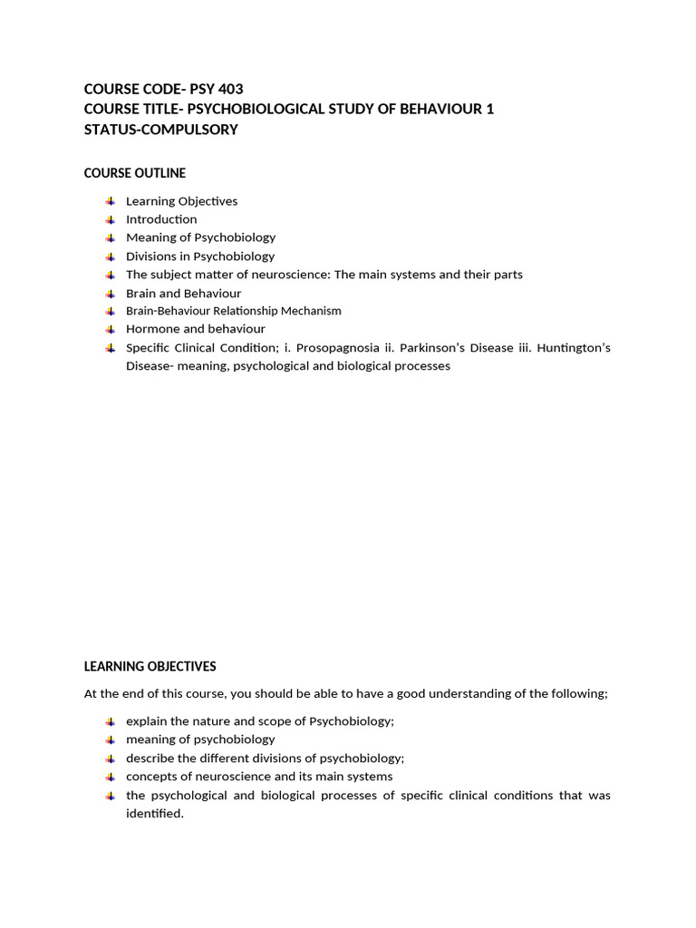 Psy 403 Psychobiological Study of Behaviour 1 | PDF | Chemical Synapse ...