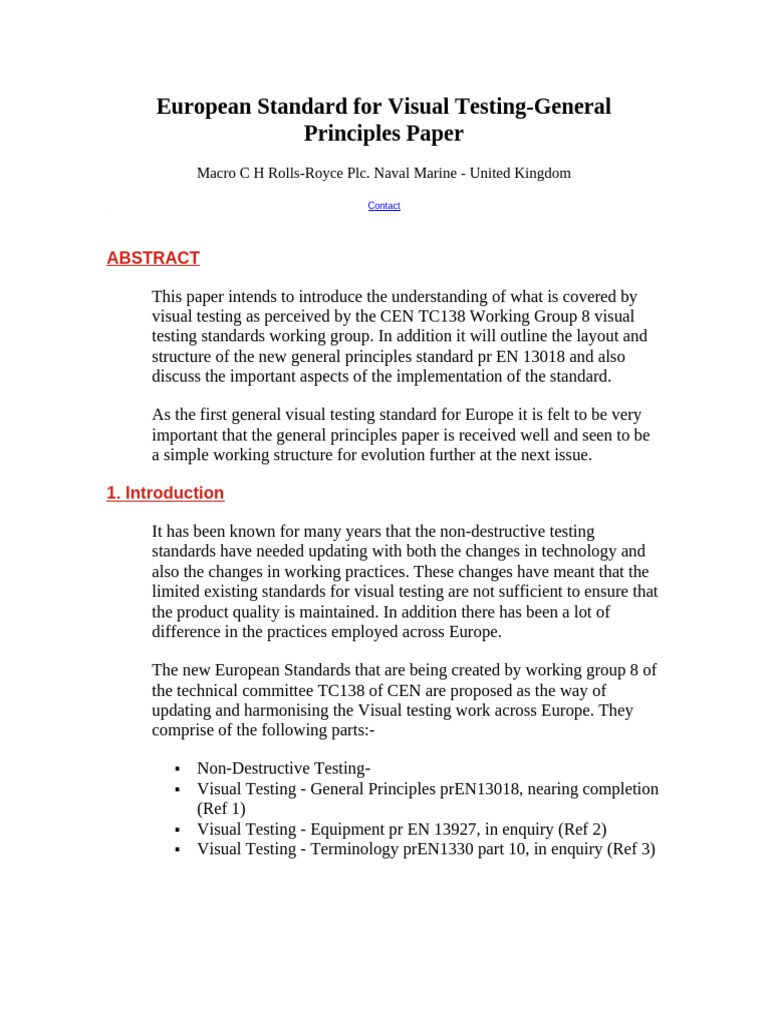 European Standard For Visual Testing-General Principles Paper | PDF ...