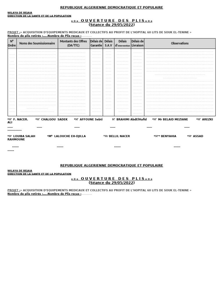 P.V MINUTE - OUVERTURE DES PLIS | PDF