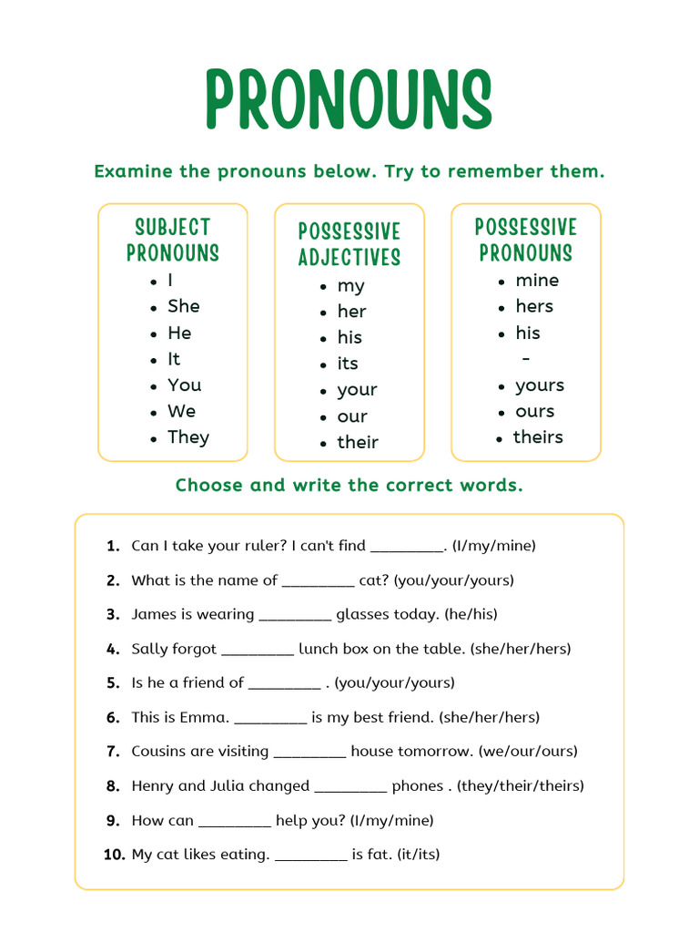 Green White Basic Pronouns English Worksheet | PDF