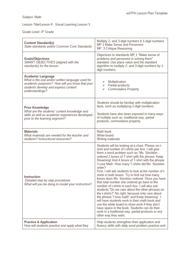 Week 9 Lesson Plan (4th Grade Math) | PDF | Lesson Plan | Multiplication