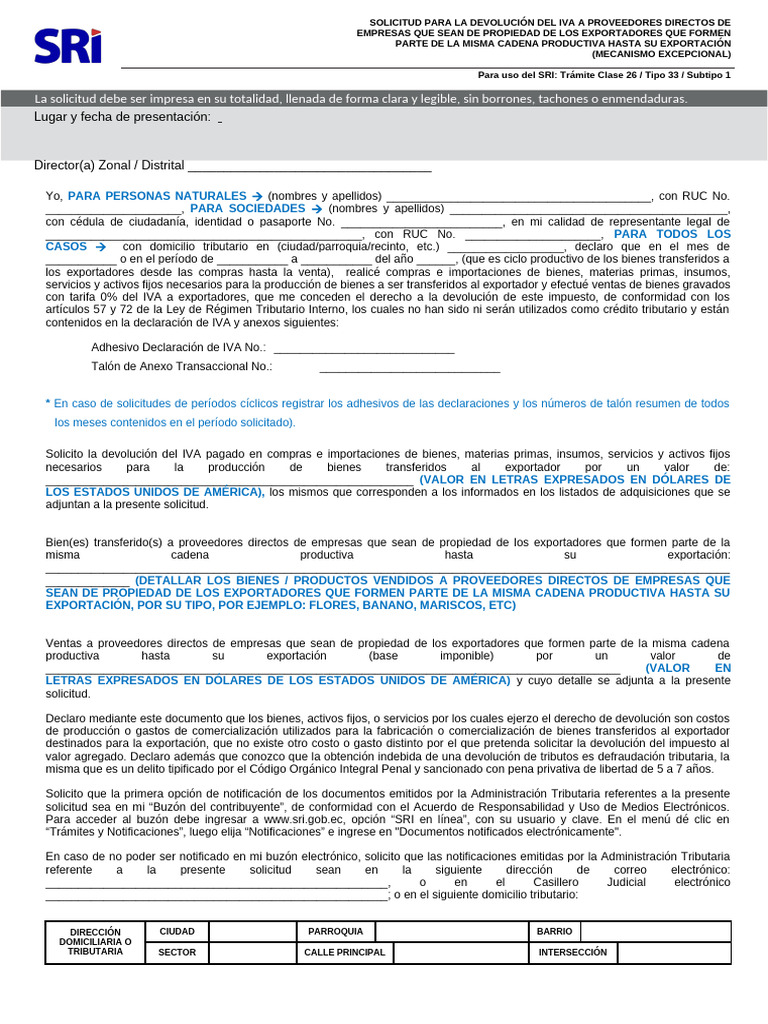 Solicitud de Dev IVA A Proveedores de Empresas de Propiedad de Expotadores (Excepcional) | PDF ...