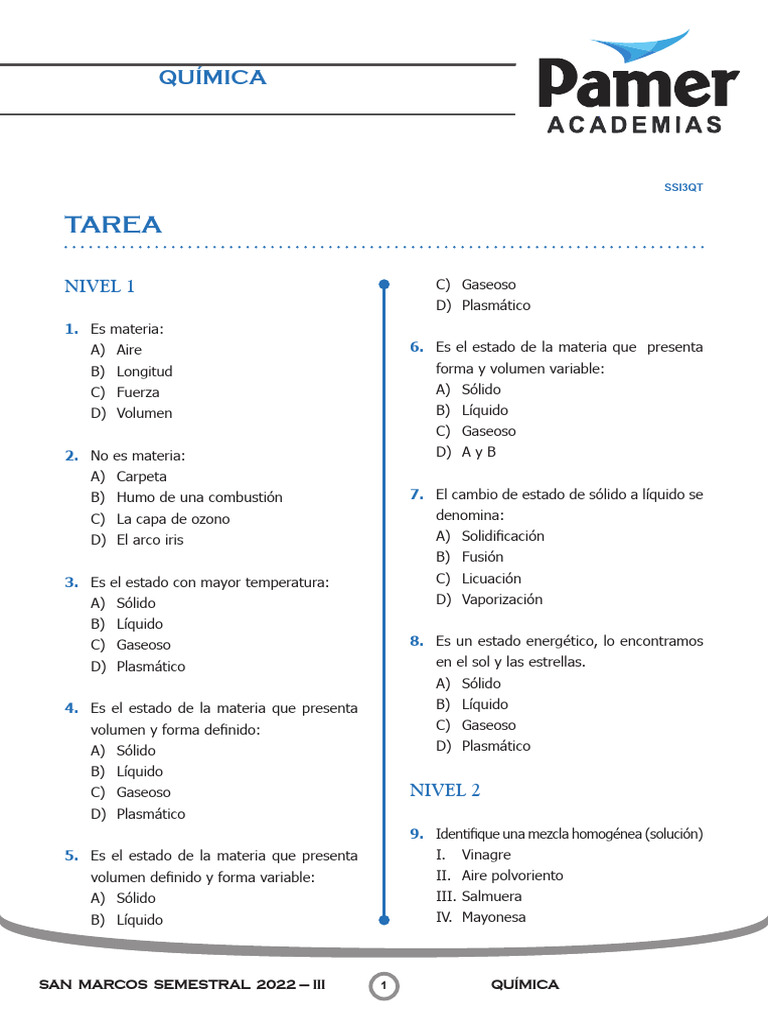 Quimica (Tarea - N1) | PDF | Sustancias químicas | Mezcla