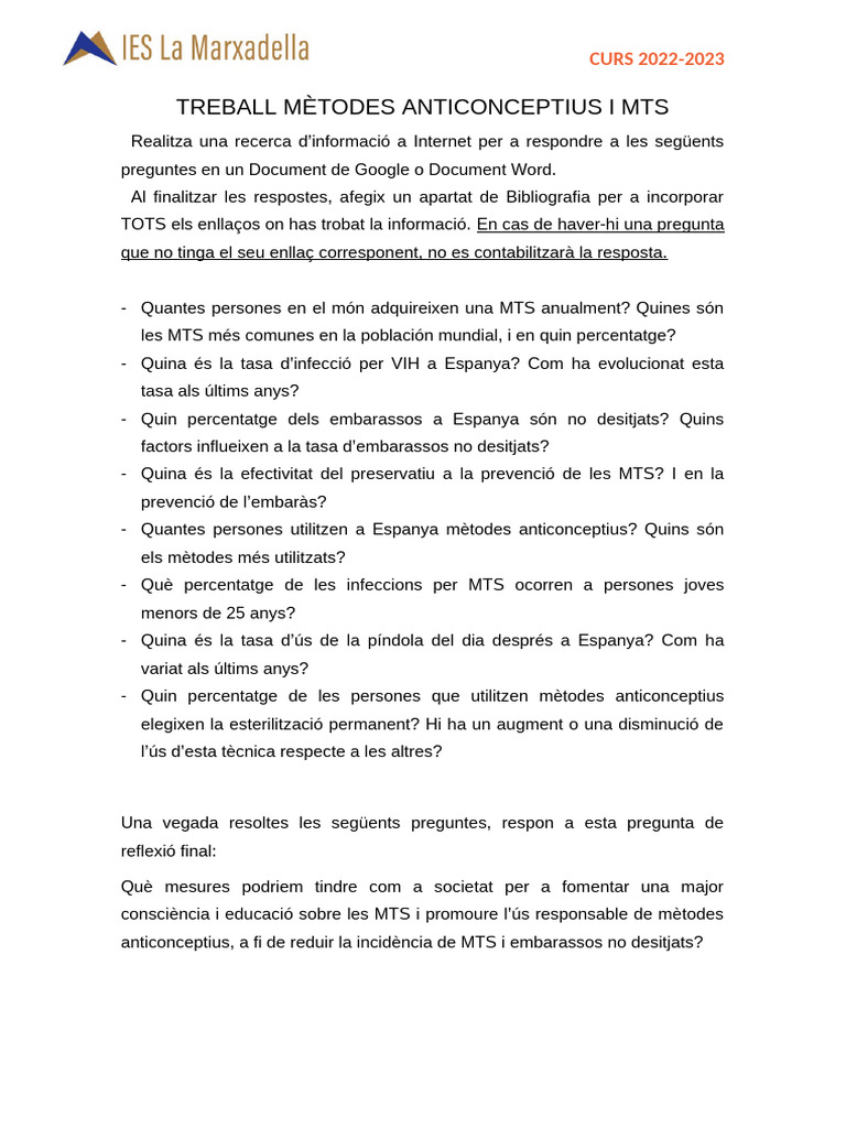 Treball Métodes Anticonceptius I MTS | PDF