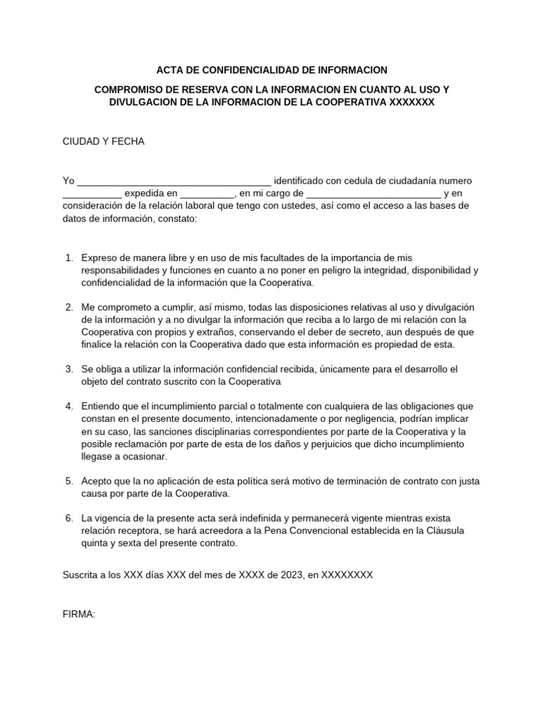 Acta de Confidencialidad de Informacion | PDF